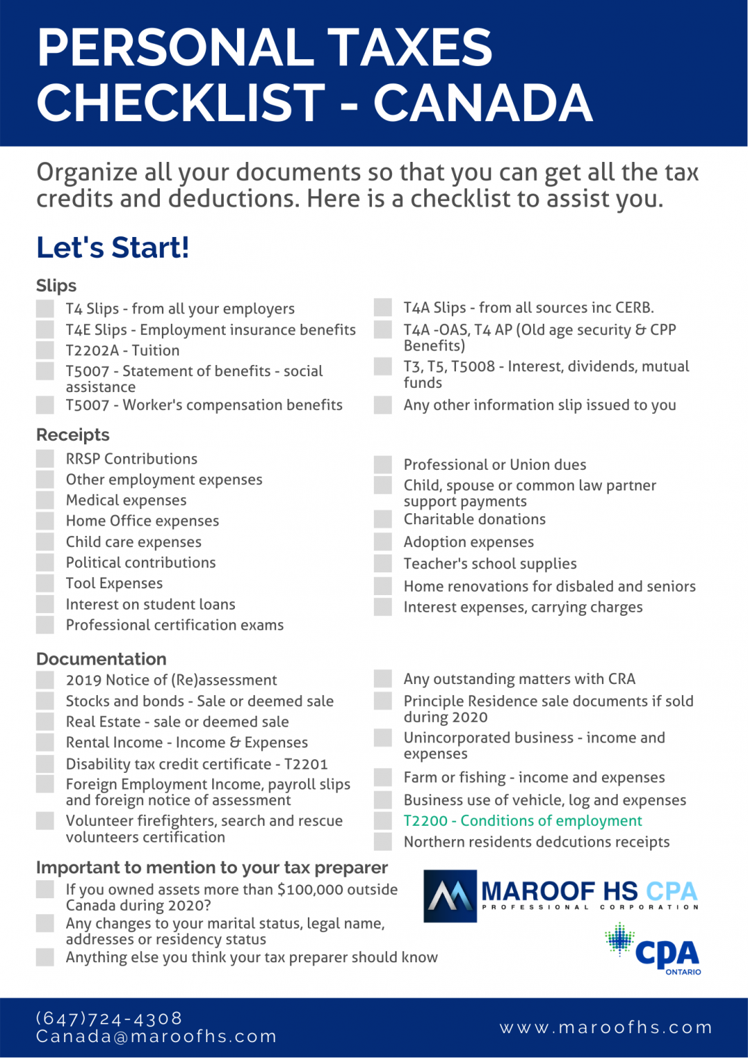2020 Individual Income Tax Return Checklist - MAROOF HS CPA